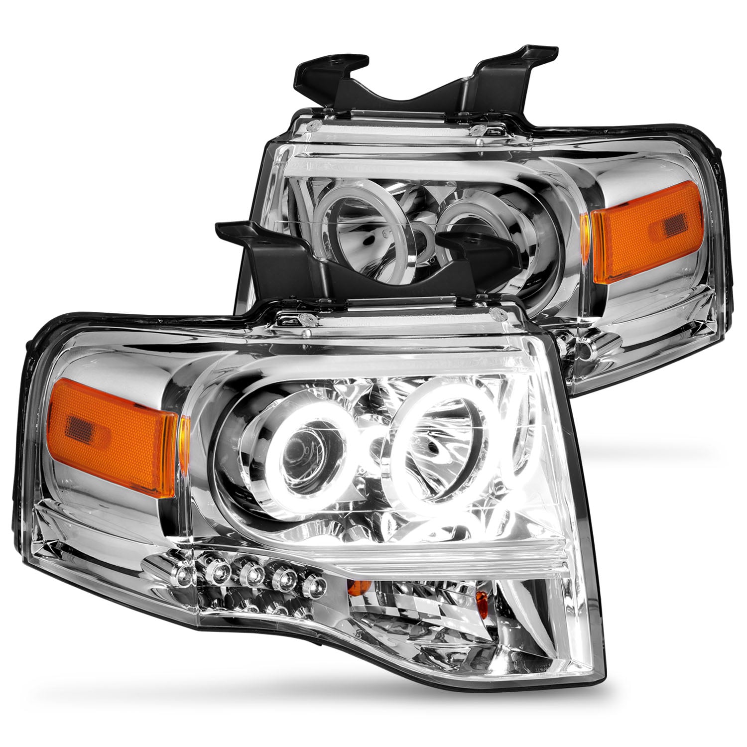 Halogen Projector Halo Headlight Set Chrome Housing with RX Halos for 07-14 Ford Expedition