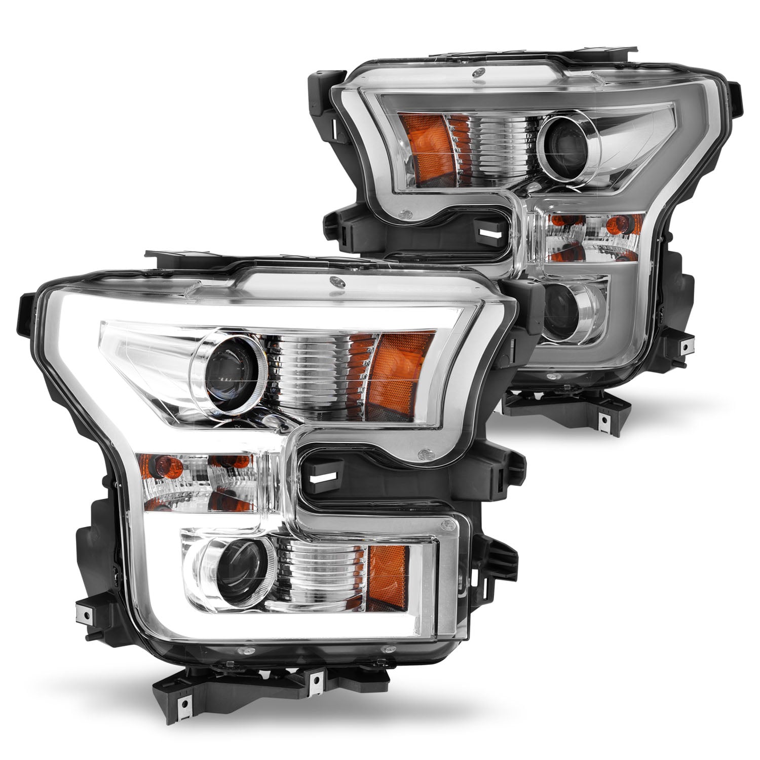 Halogen Projector Plank Style Headlight Set with Chrome Housing for 15-17 Ford F-150