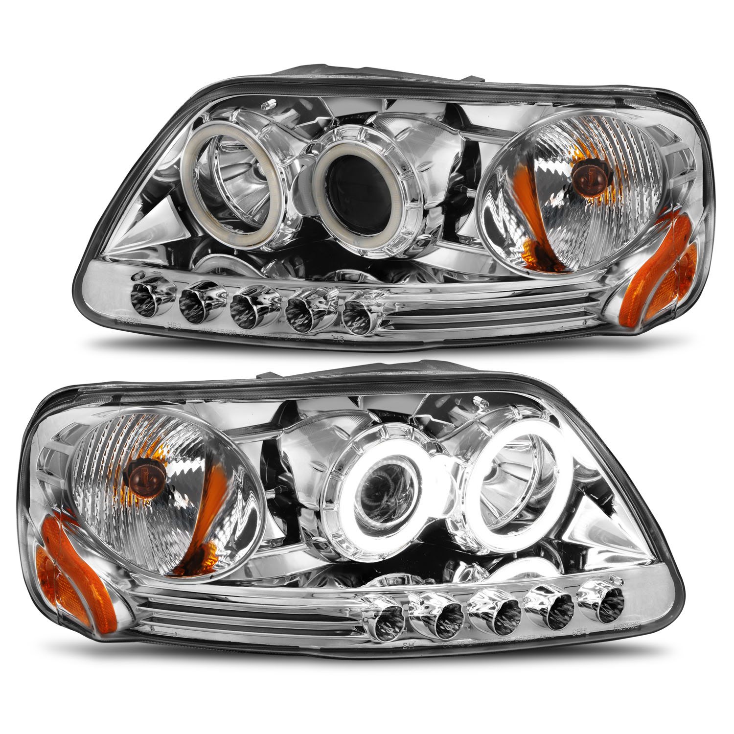 Halogen Projector Headlight Set with Chrome Housing with RX Halos and LED for 97-03 Ford F-150 ...
