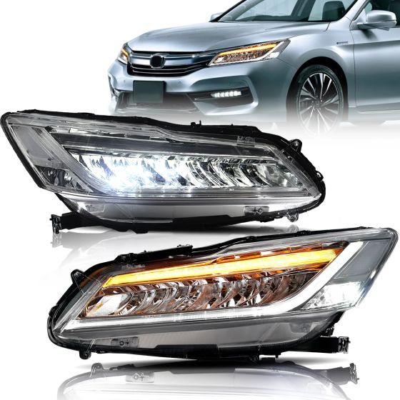 LED Reflector Style Headlight Set with Sequential Turn Signal for 2013 2015 9th Gen Honda Accord
