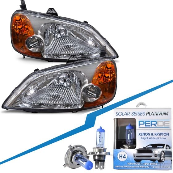 2001 2003 Honda Civic Headlights Set w Halogen Type Xenon Bulbs